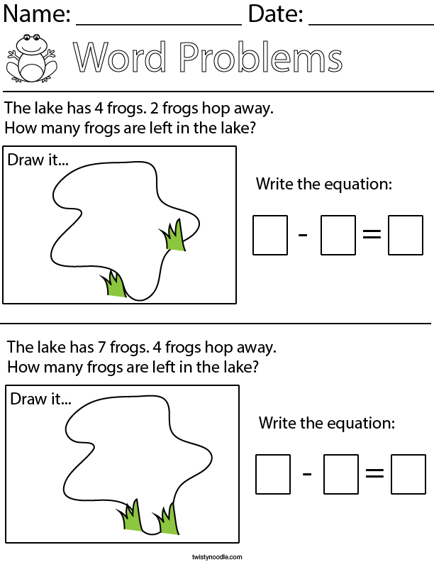 Frog Subtraction Word Problem Math Worksheet - Twisty Noodle
